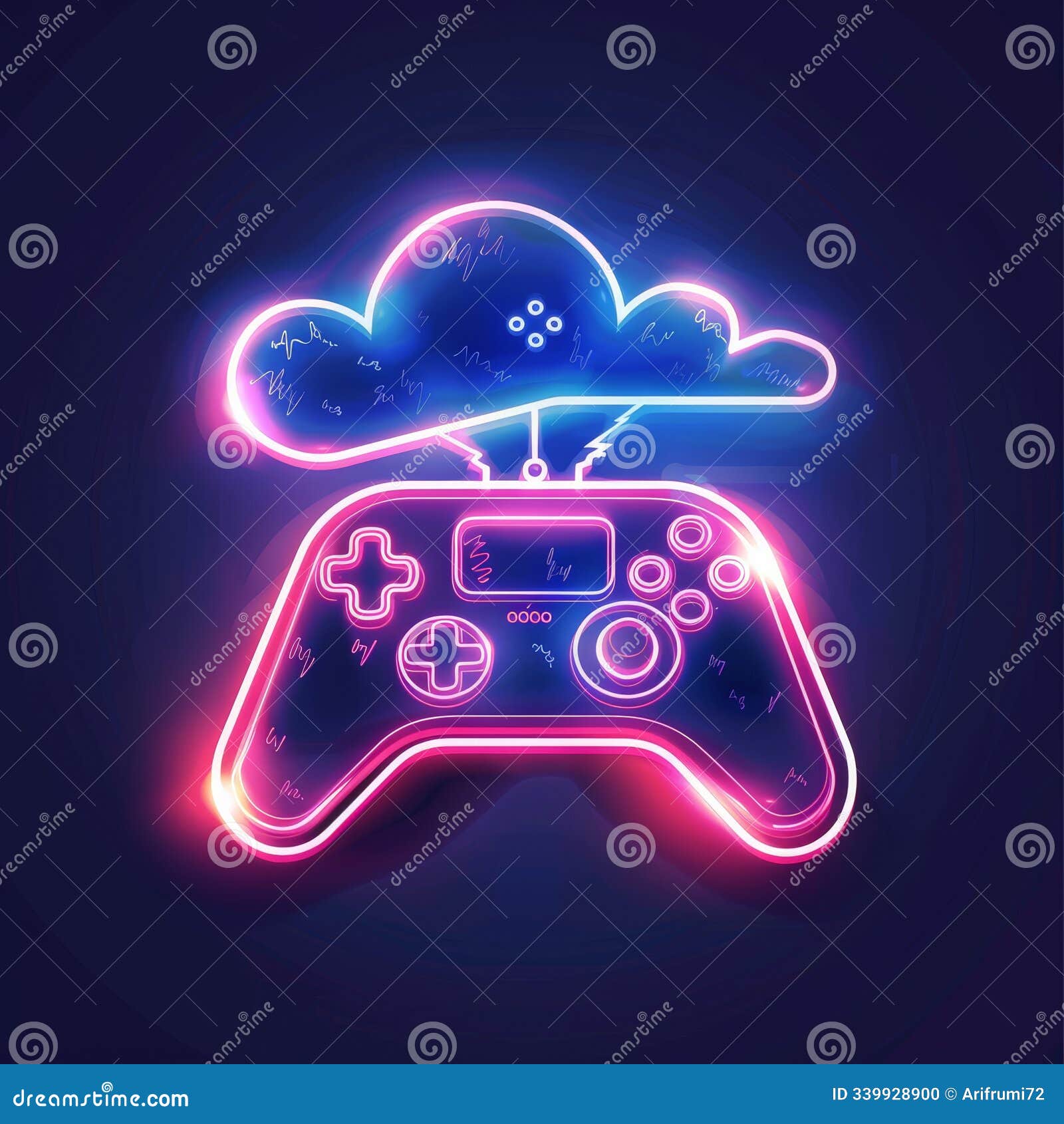 Neon Glowing Gamepad. Cloud Gaming Concept. 3d Illustration with Hud ...