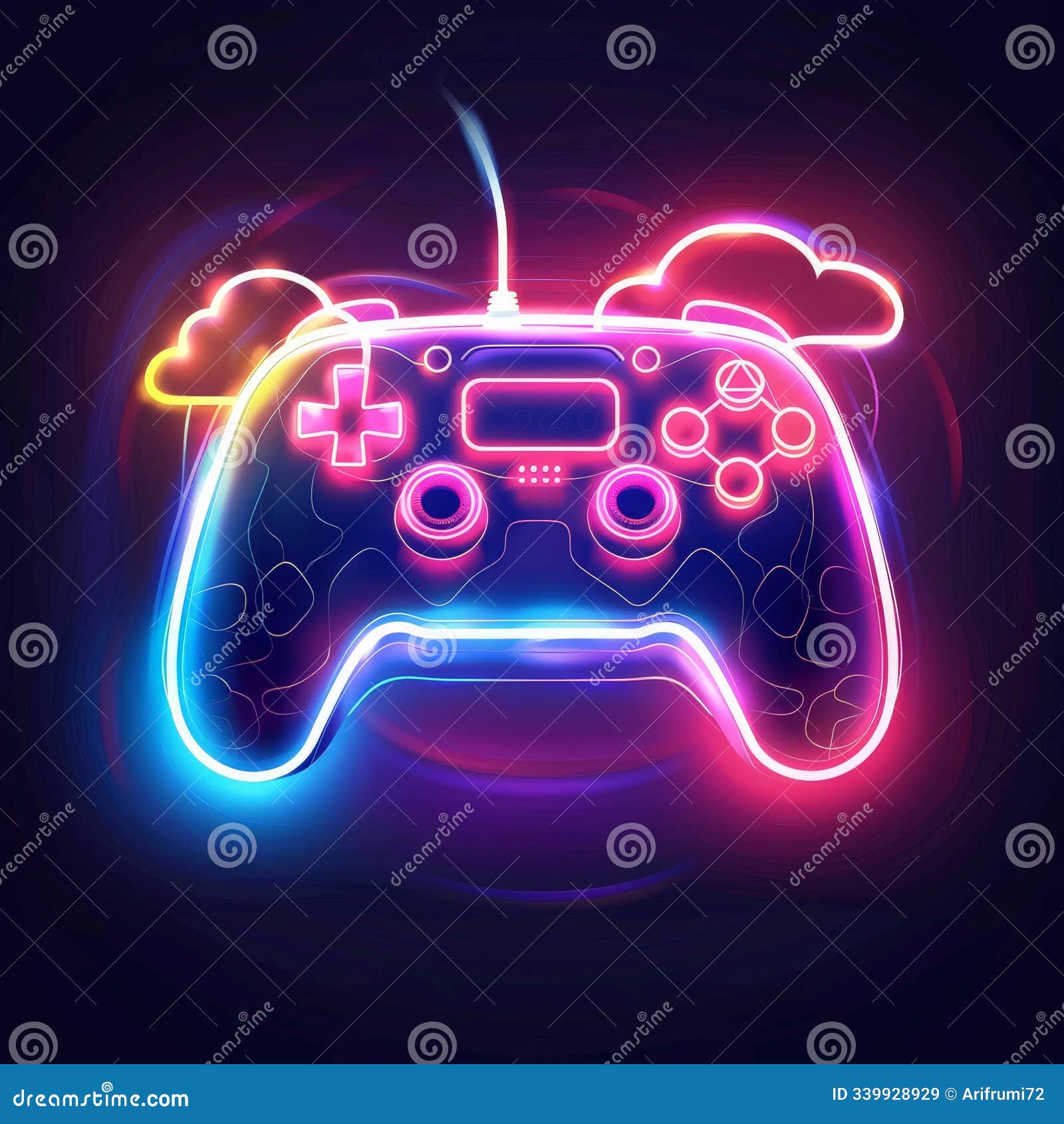 Neon Glowing Gamepad. Cloud Gaming Concept. 3d Illustration with Hud ...