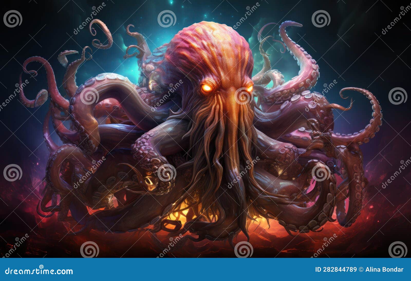 Neon Glowing Kraken or Octopus with Psychic Waves. Created with ...