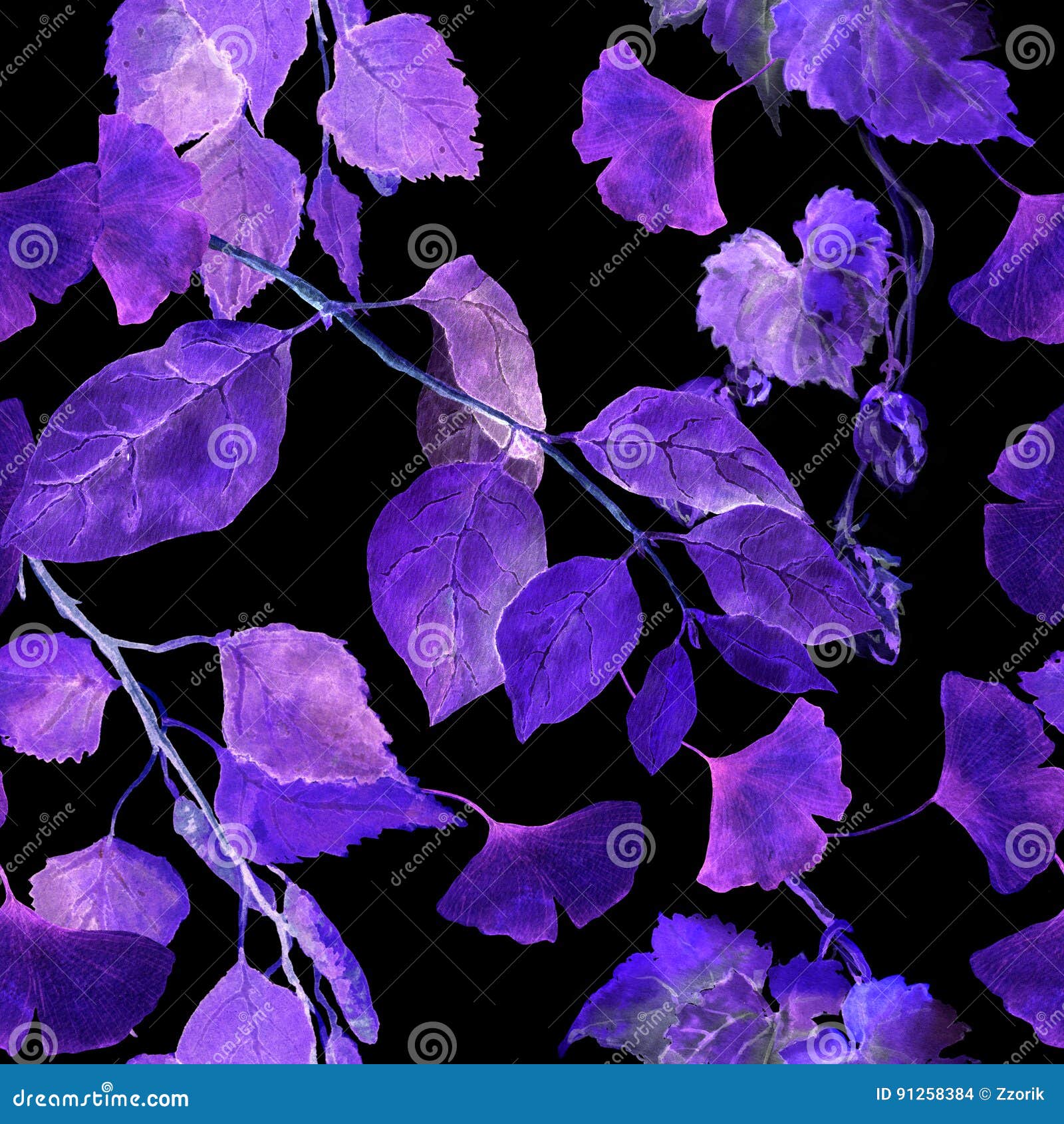 Neon Glowing Leaves. Night Mysterious Seamless Pattern. Watercolor ...