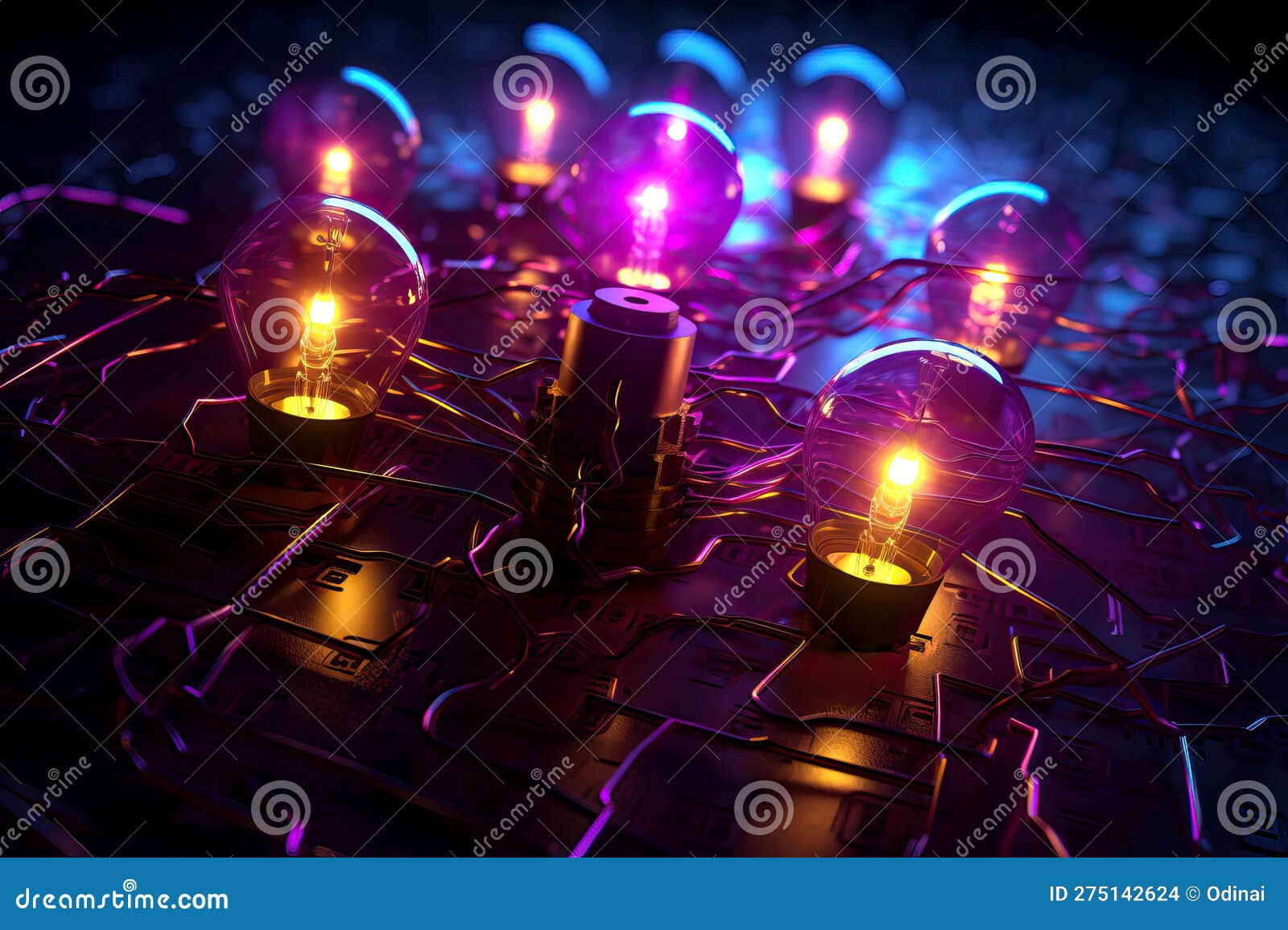 Neon Glowing Light Bulbs As CPU on Motherboard Circuit Board ...