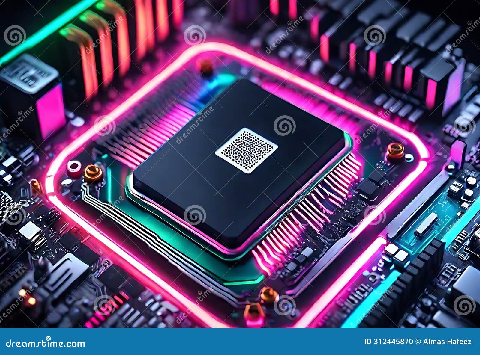 Neon Glowing Motherboard of CPU Stock Illustration - Illustration of ...