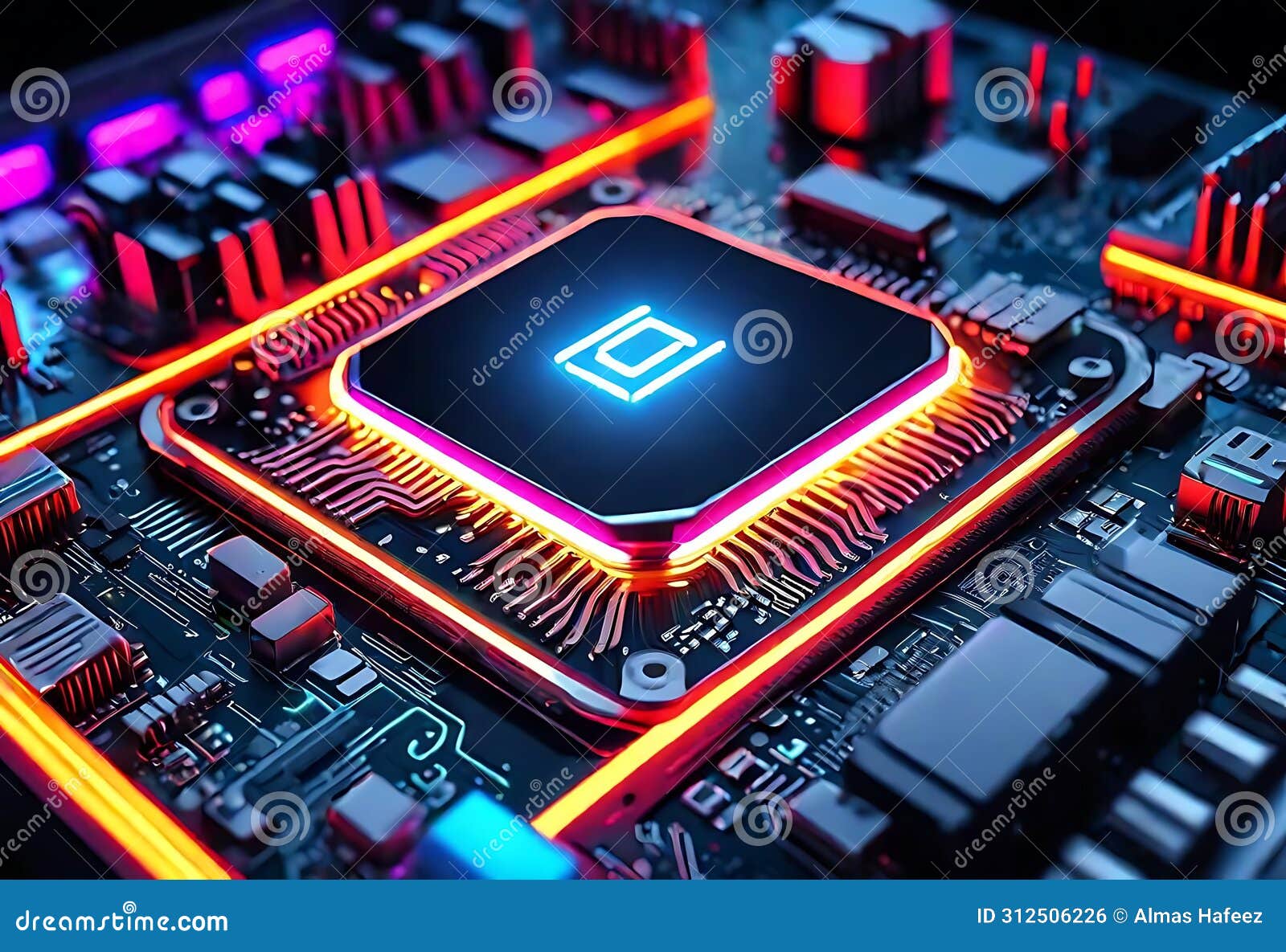 Neon Glowing Motherboard of CPU Stock Illustration - Illustration of ...