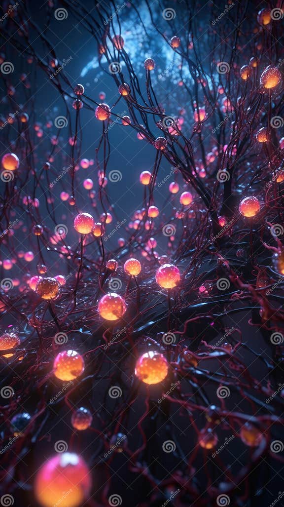 Neon-Glowing Network of Highly Connected Neurons. Generative AI. Stock ...