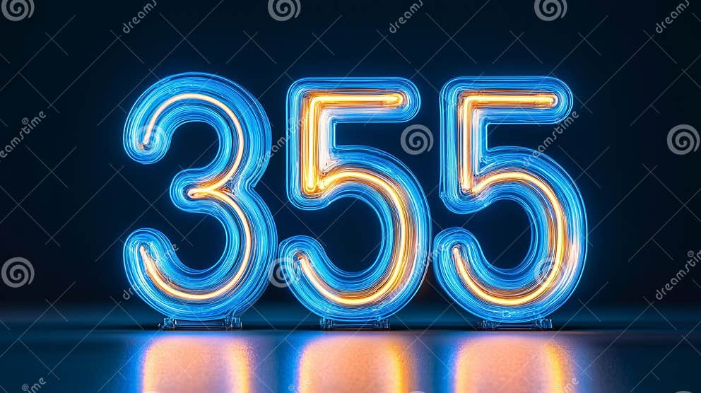 Neon Glowing Number 355 on Dark Background with Reflections on the ...