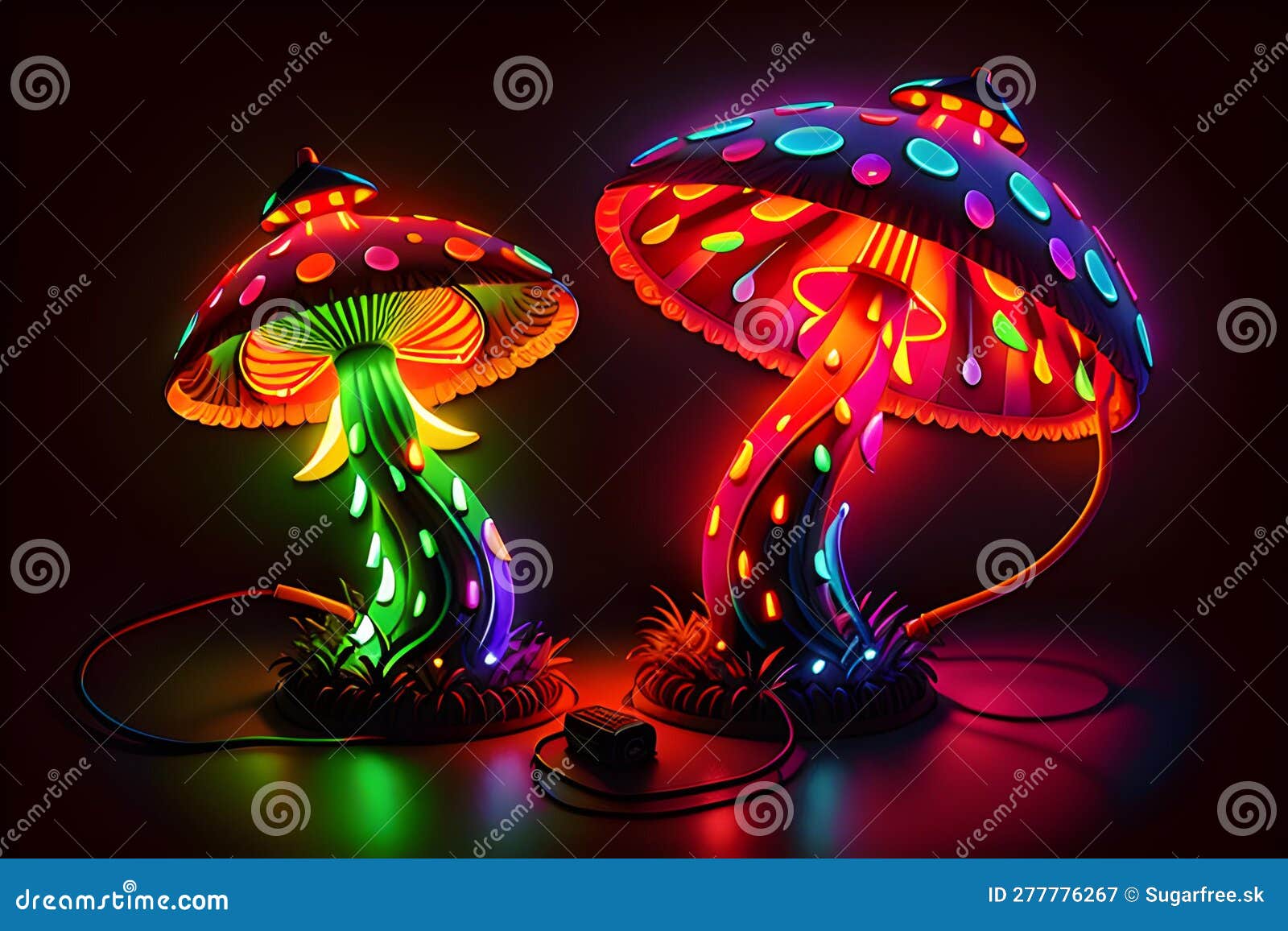 Neon Glowing Outlined Illustration of Colorful Magic Mushrooms Stock ...