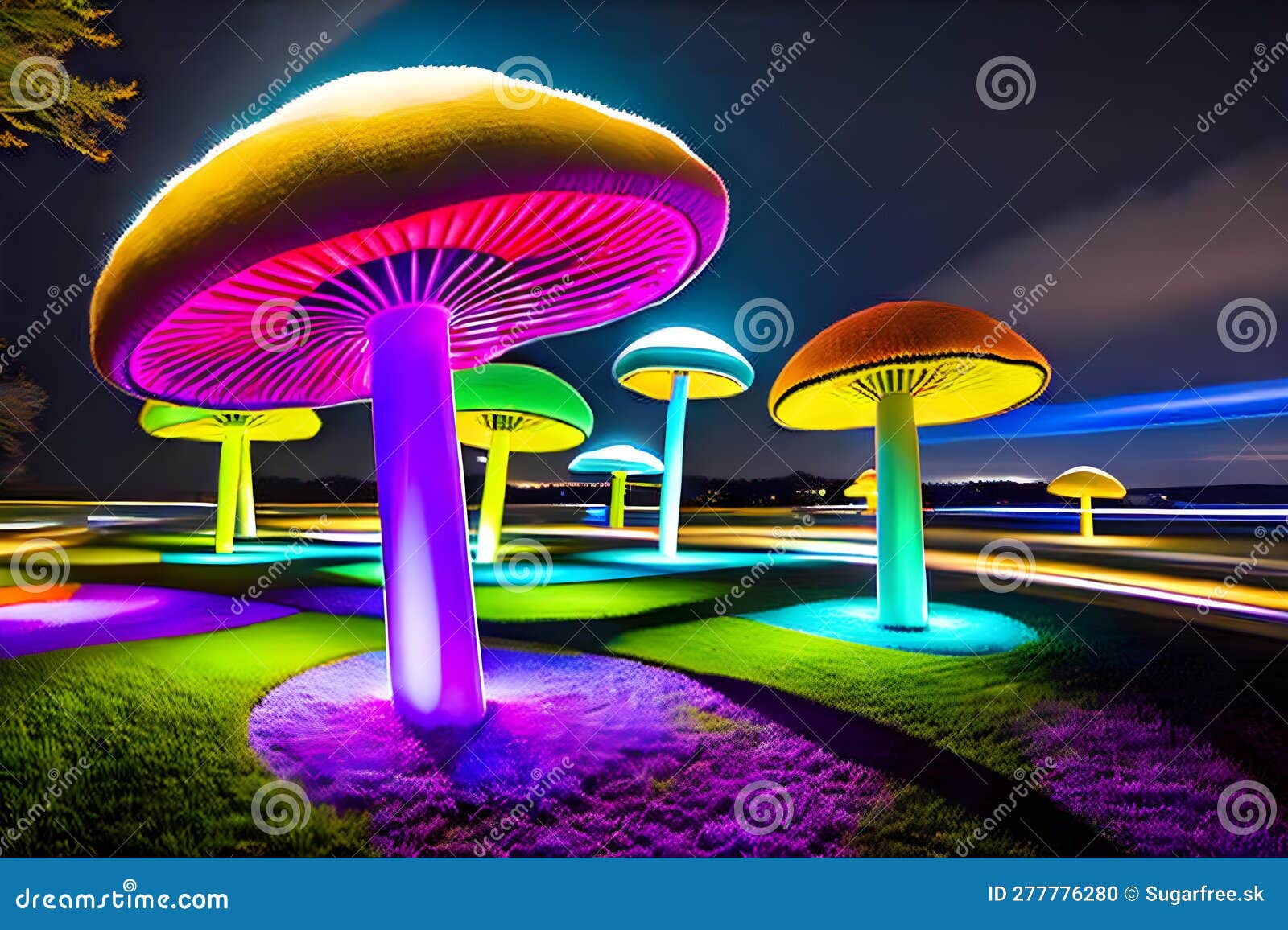Neon Glowing Outlined Illustration of Colorful Magic Mushrooms Stock ...