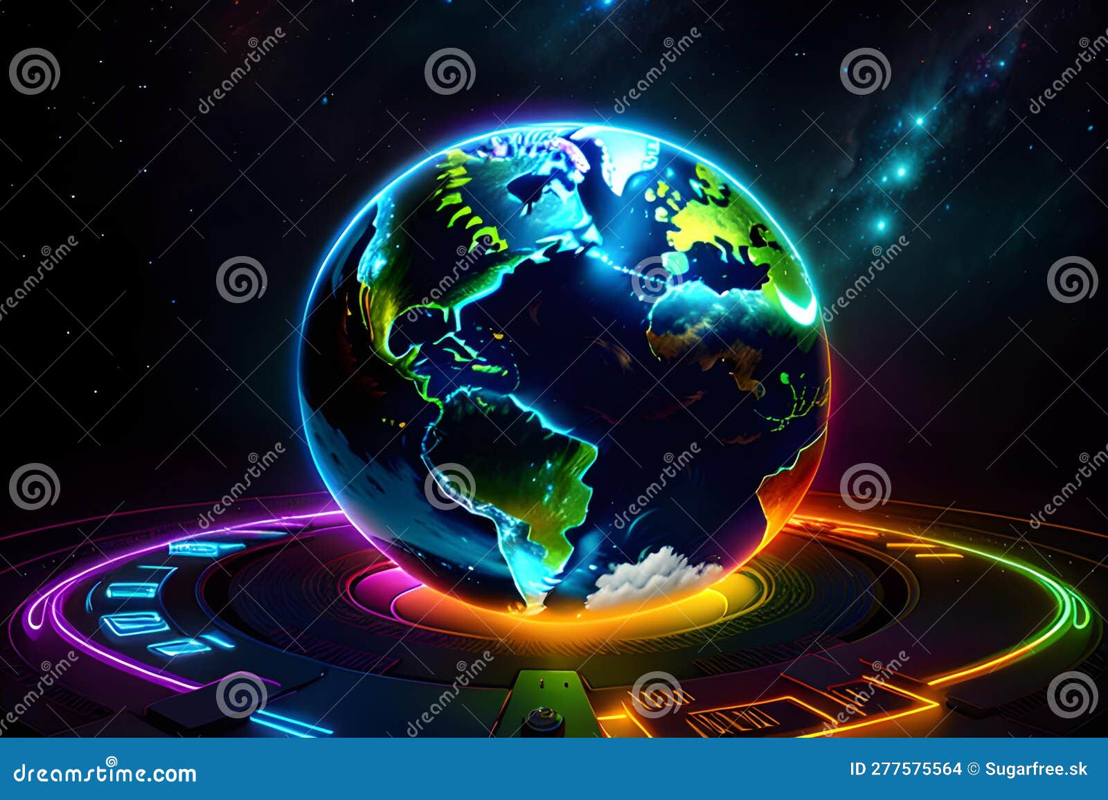 Neon Glowing Outlined Abstract Illustration of Earth Stock Illustration ...