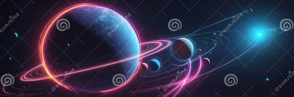 Neon-glowing Planetary System with Orbiting Data Streams Stock ...