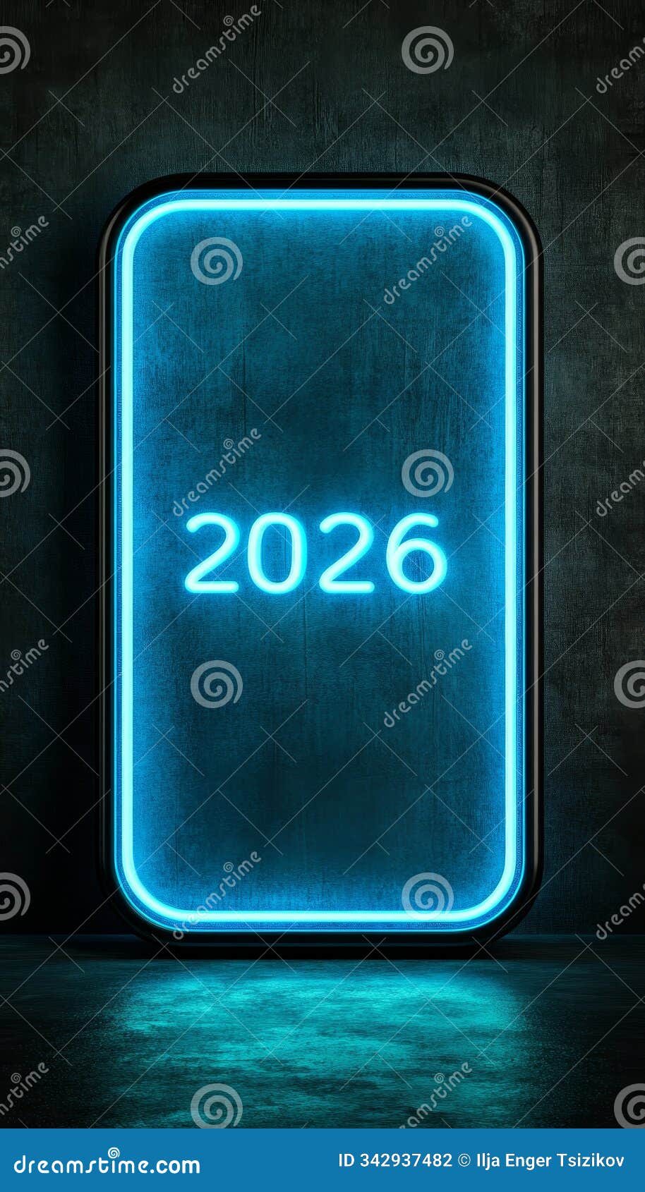 Neon Glowing Rectangular Frame with Number 2026 on a Dark Background ...