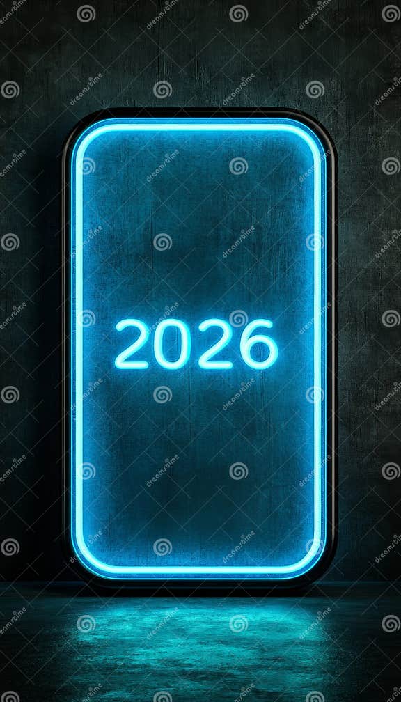 Neon Glowing Rectangular Frame with Number 2026 on a Dark Background ...