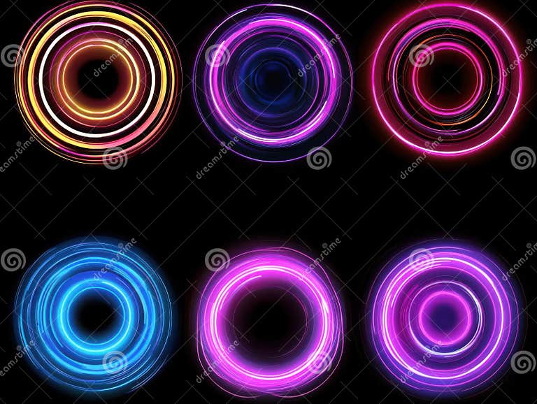 Neon Glowing Rings, Abstract Circular Light Effects Stock Illustration ...