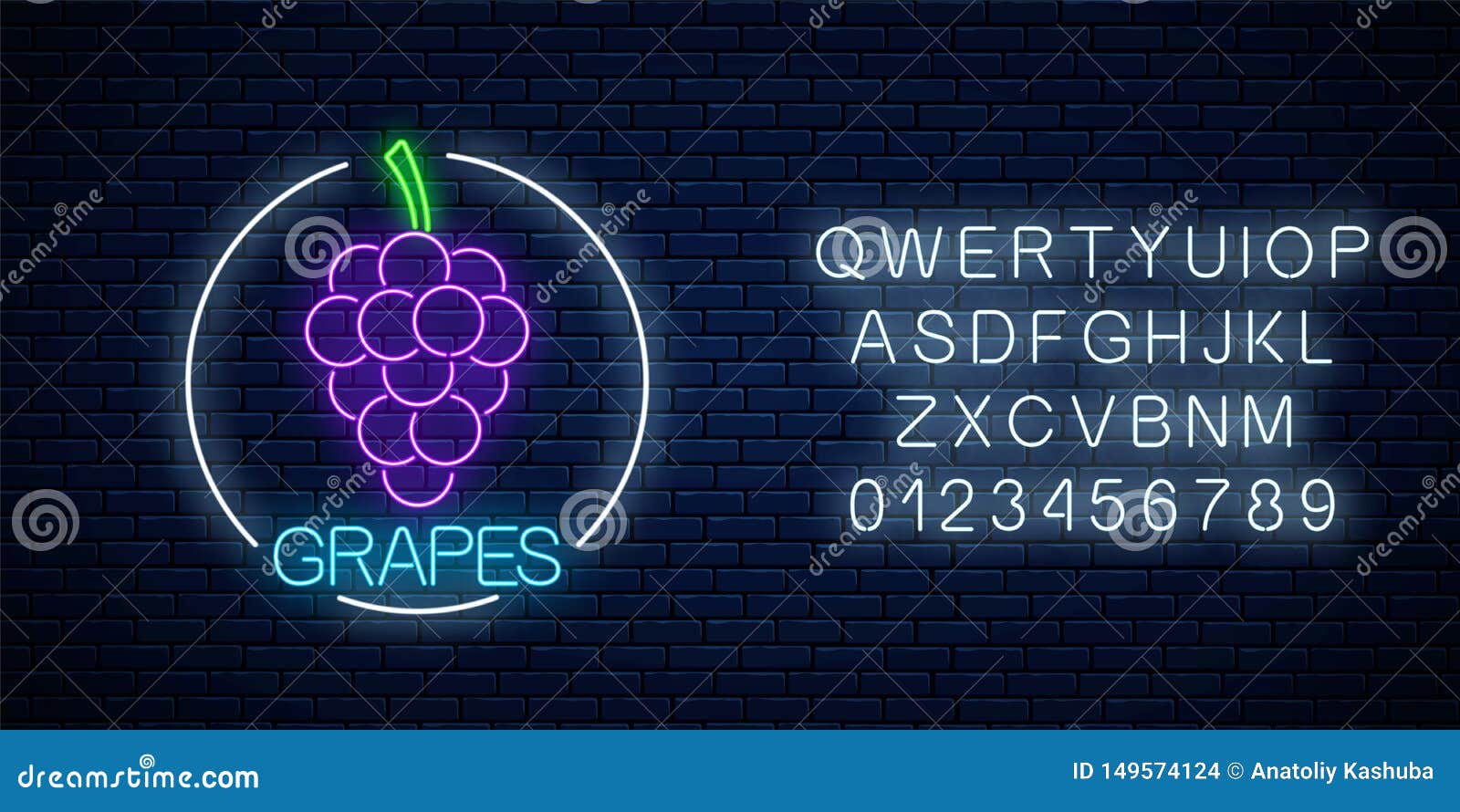 Neon Glowing Sign of Grapes with Bunch of Grape in Circle Frame with ...