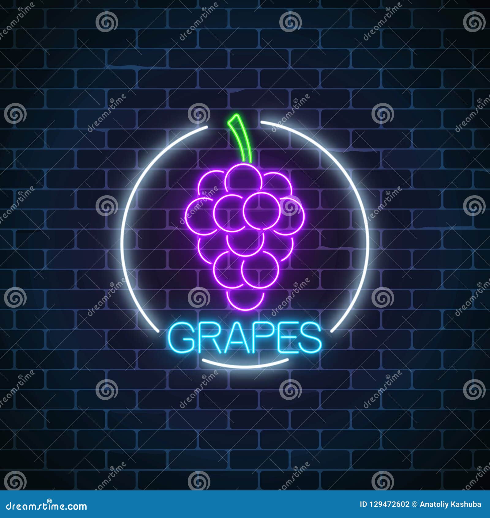 Neon Glowing Sign of Grapes with Bunch of Grape in Circle Frame. Bunch ...
