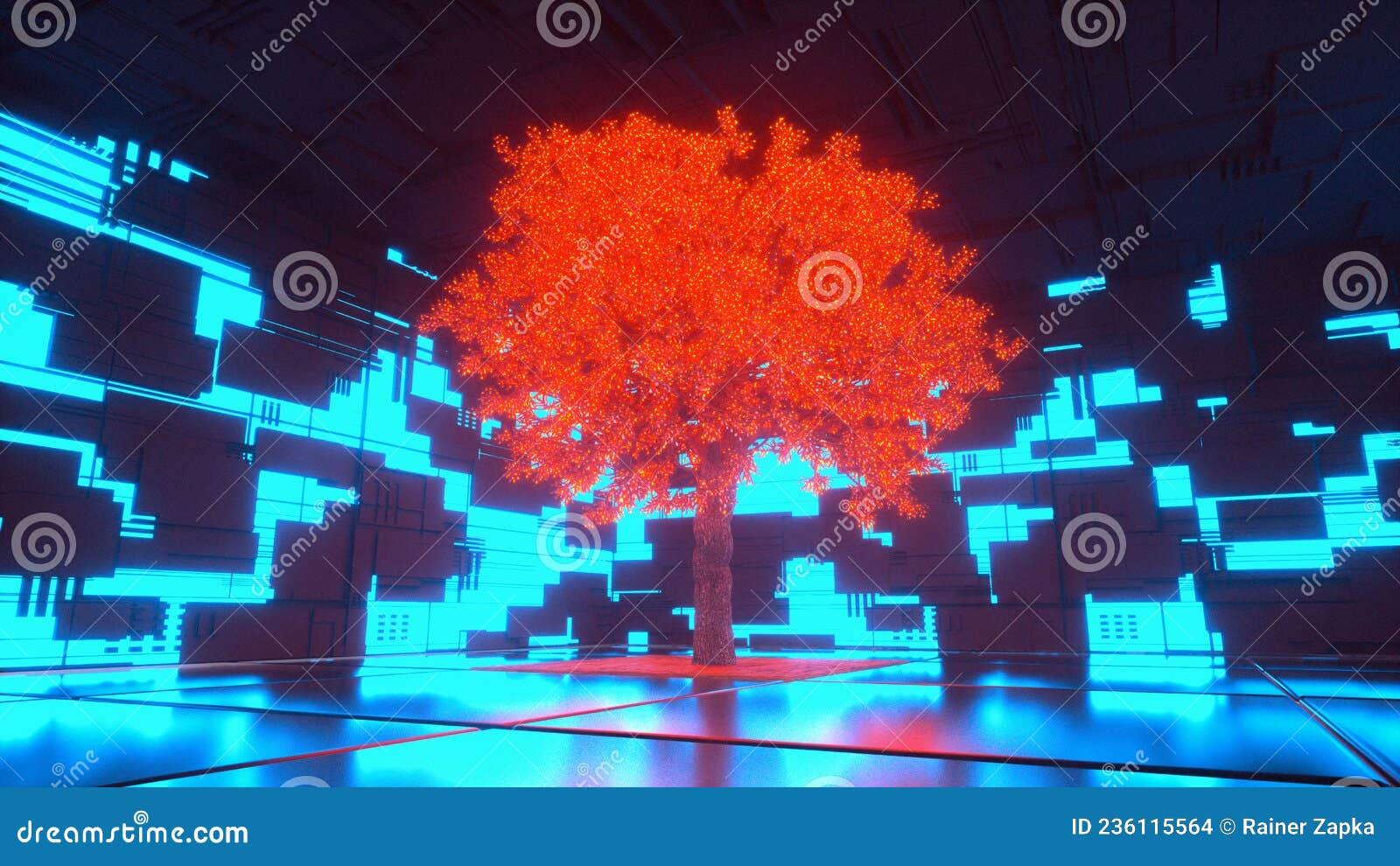 Neon Glowing Tree in a Futuristic Room 3d Rendering Stock Illustration ...