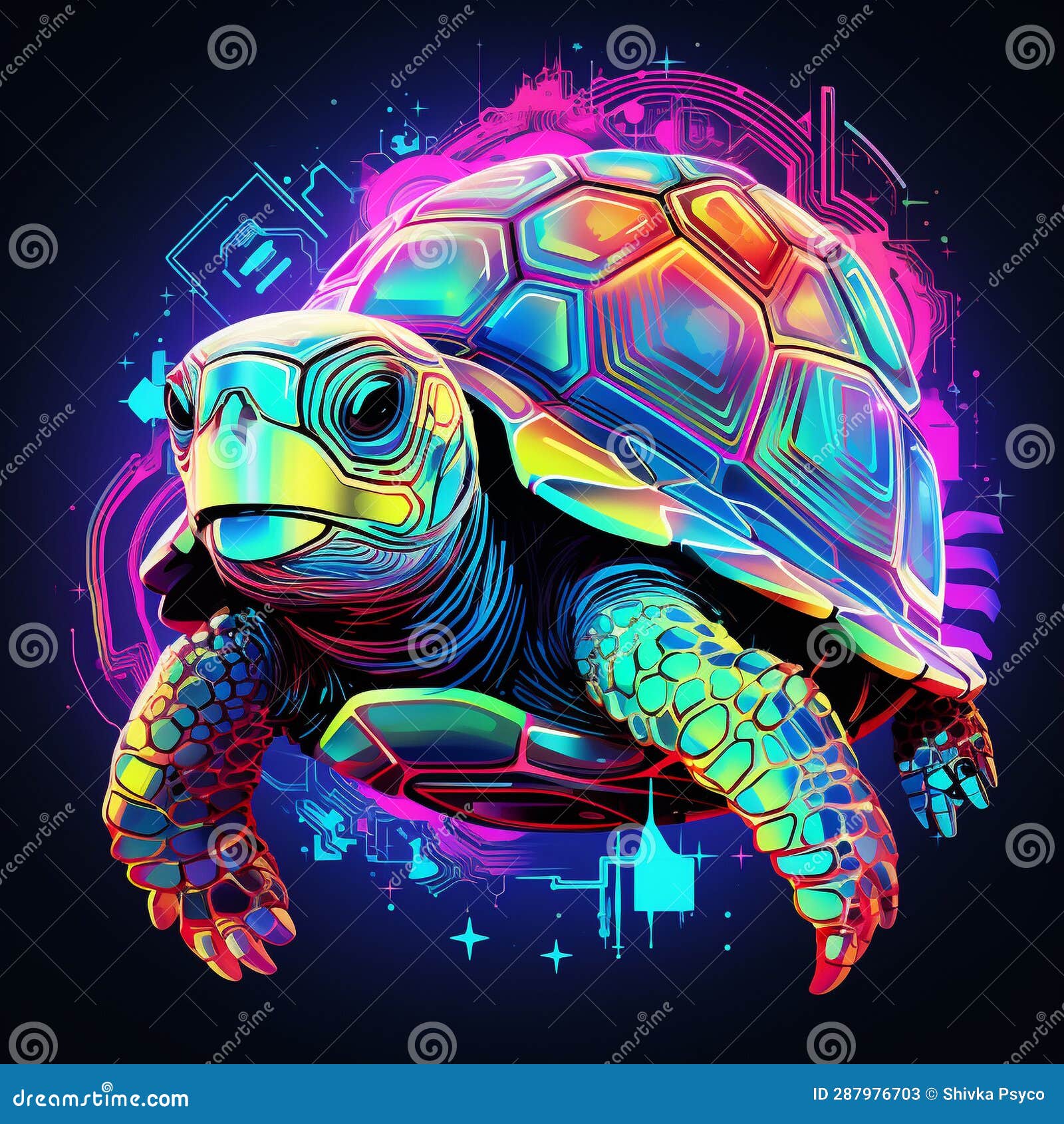 Neon Glowing Turtle Retro Wave Digital Art on Blue Background ...