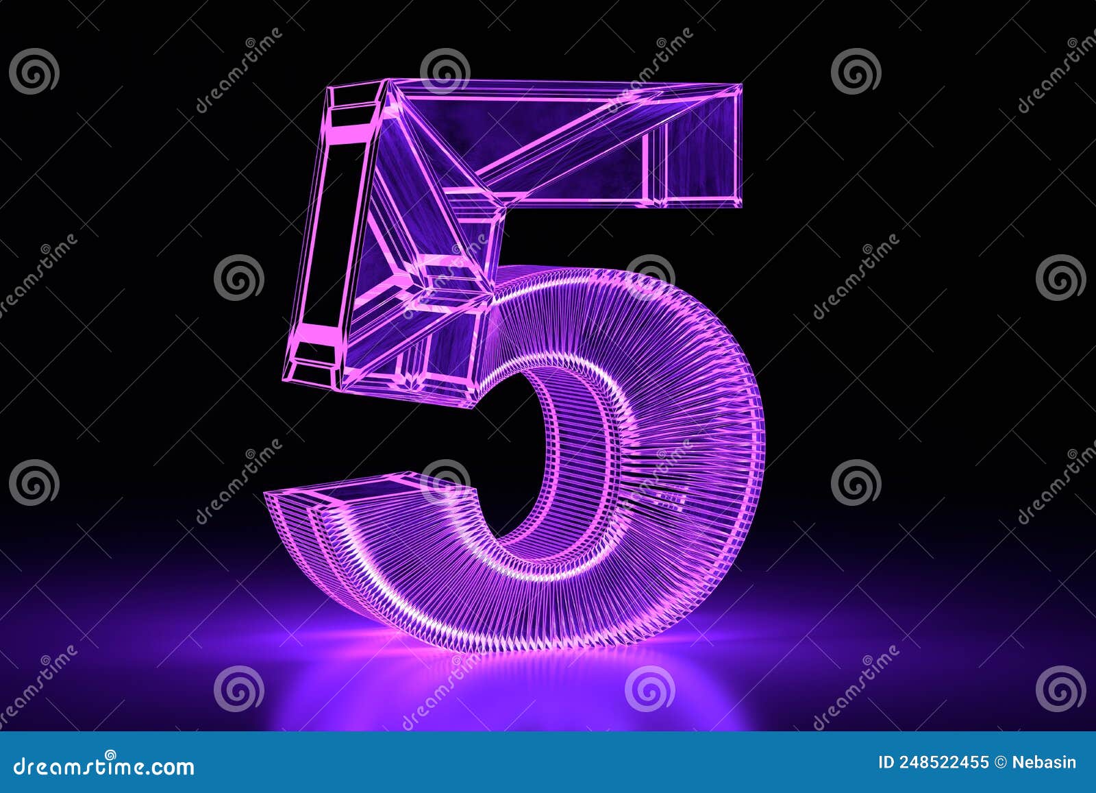 Neon Glowing Volumetric 3D Number Five. Purple. Digital Design Stock ...