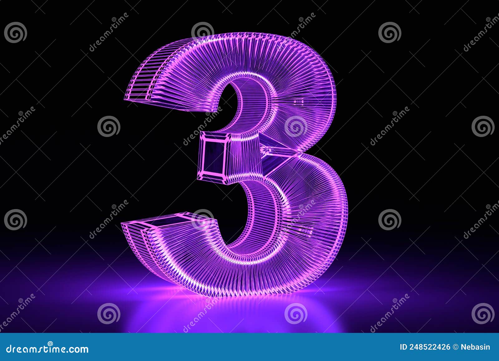 Neon Glowing Volumetric 3D Number Three. Purple. Digital Design Stock ...