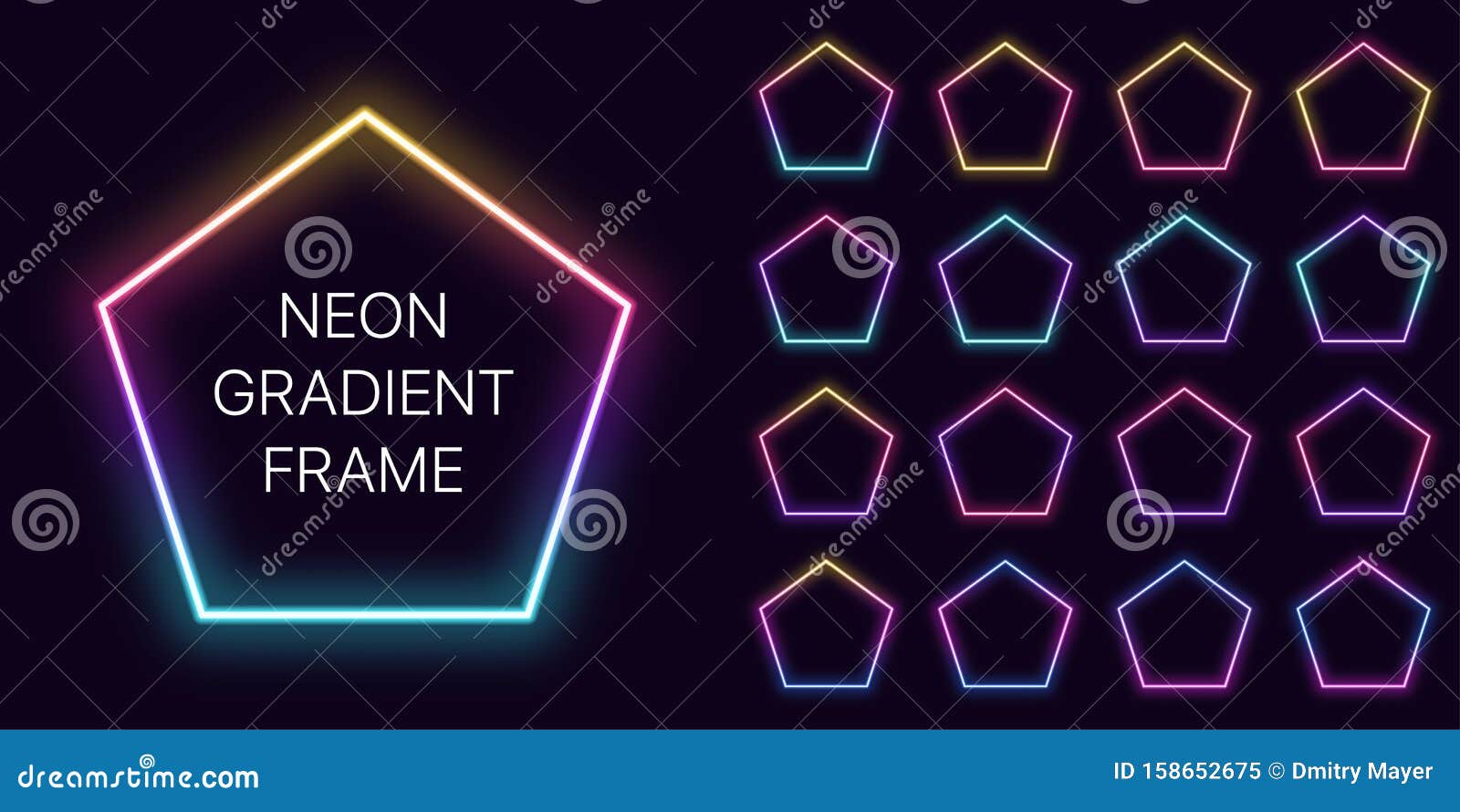 Neon Gradient Pentagon Frame with Copy Space. Templates Set of Neon ...