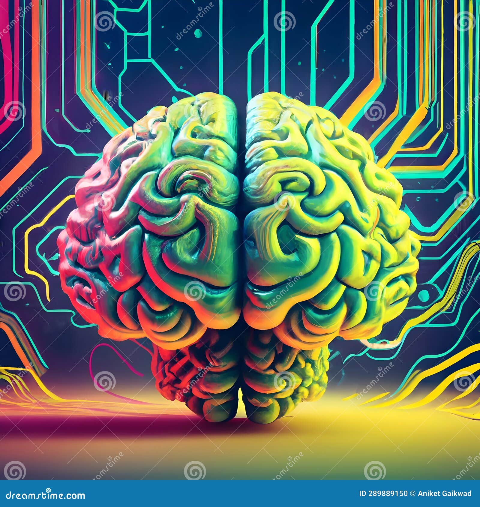 Neon Green Brain Connected To Computer Stock Illustration ...