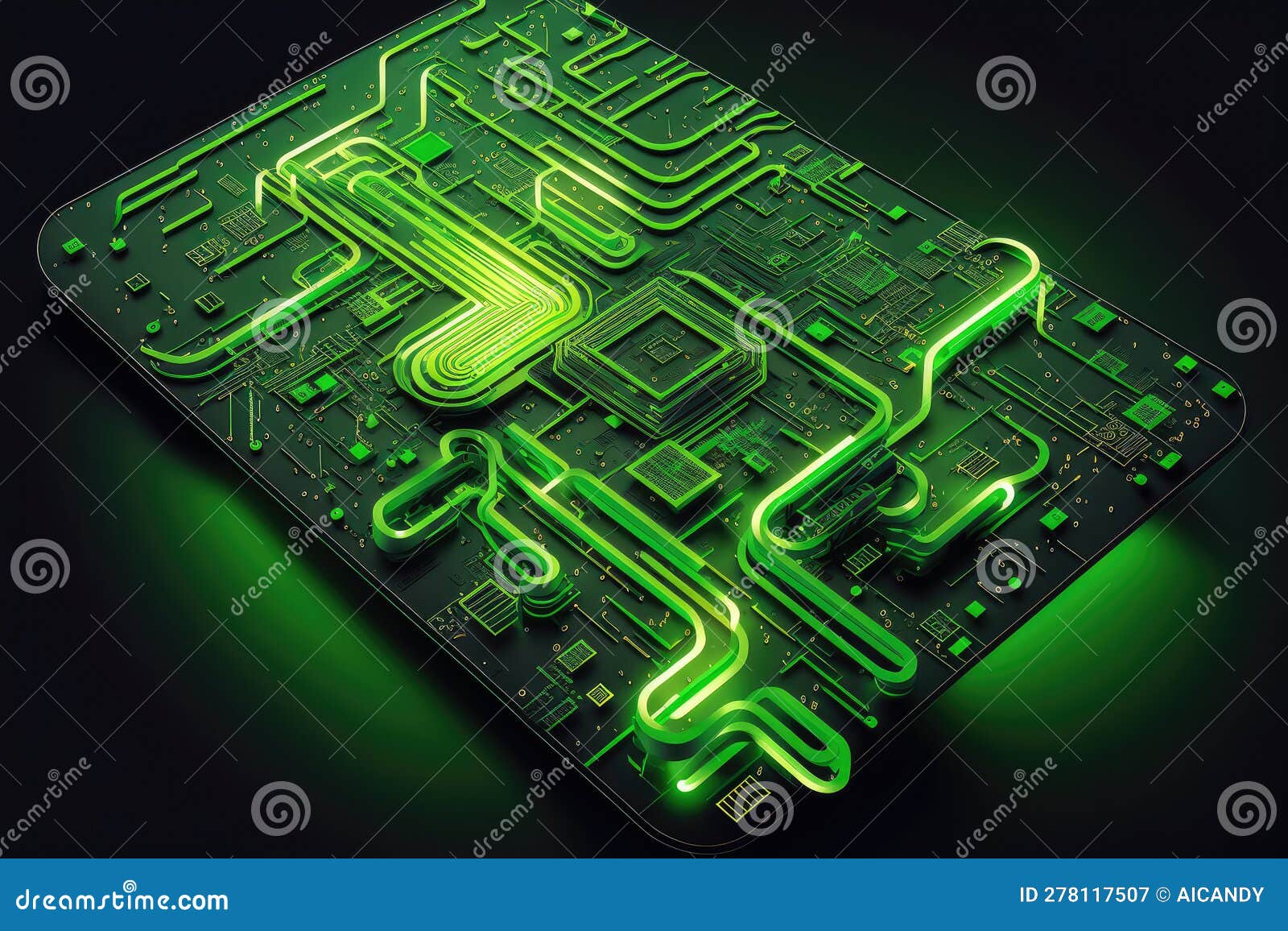 Neon Green Circuit Board with Geometric Patterns Stock Illustration ...