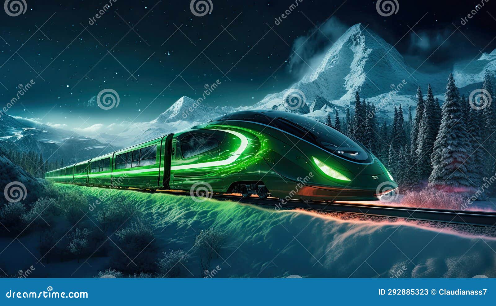 A Neon Green Colored Express Train in a Winter Landscape Stock Image ...