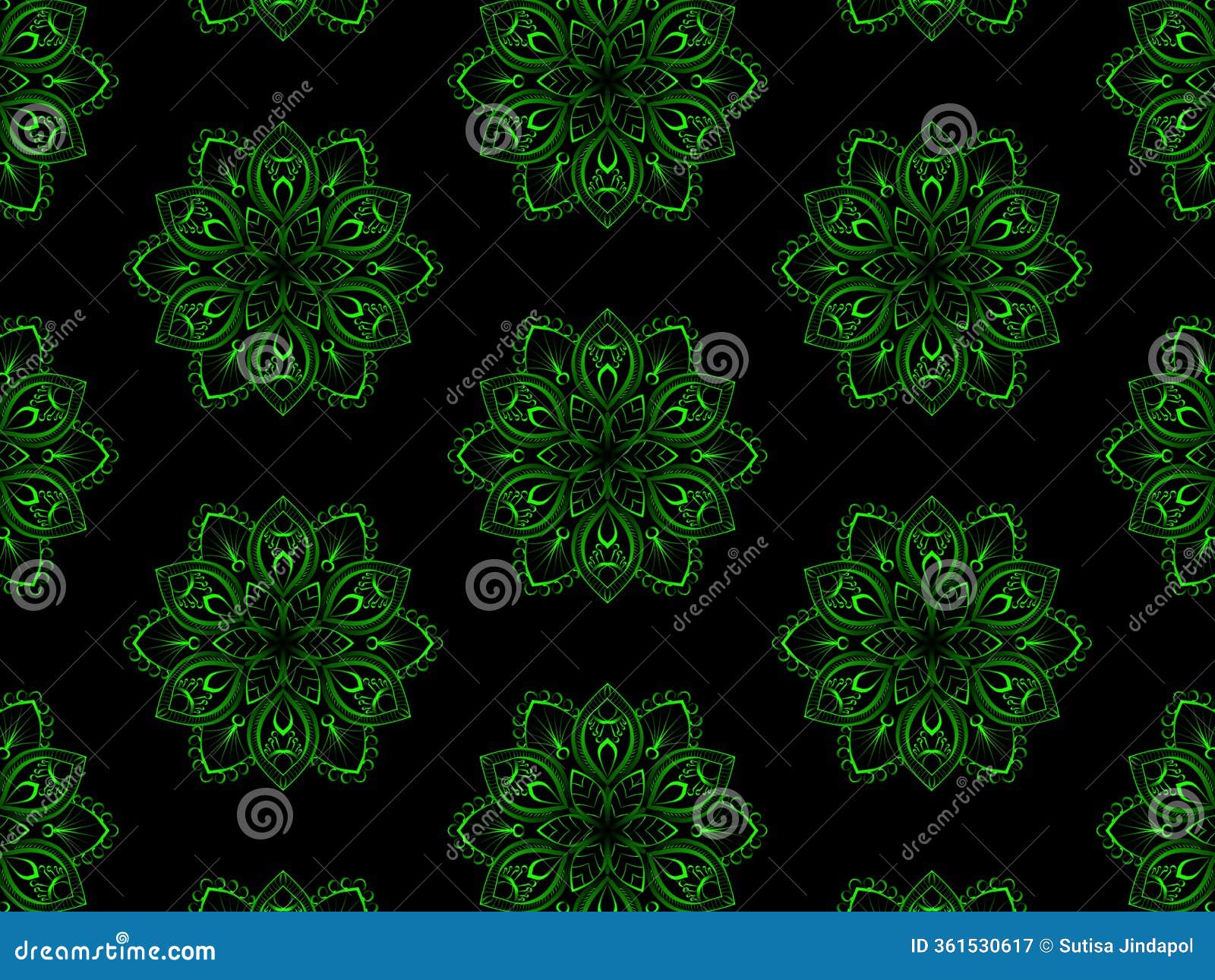 Neon Green Flower Arabesque Black Background Pattern Stock Illustration ...