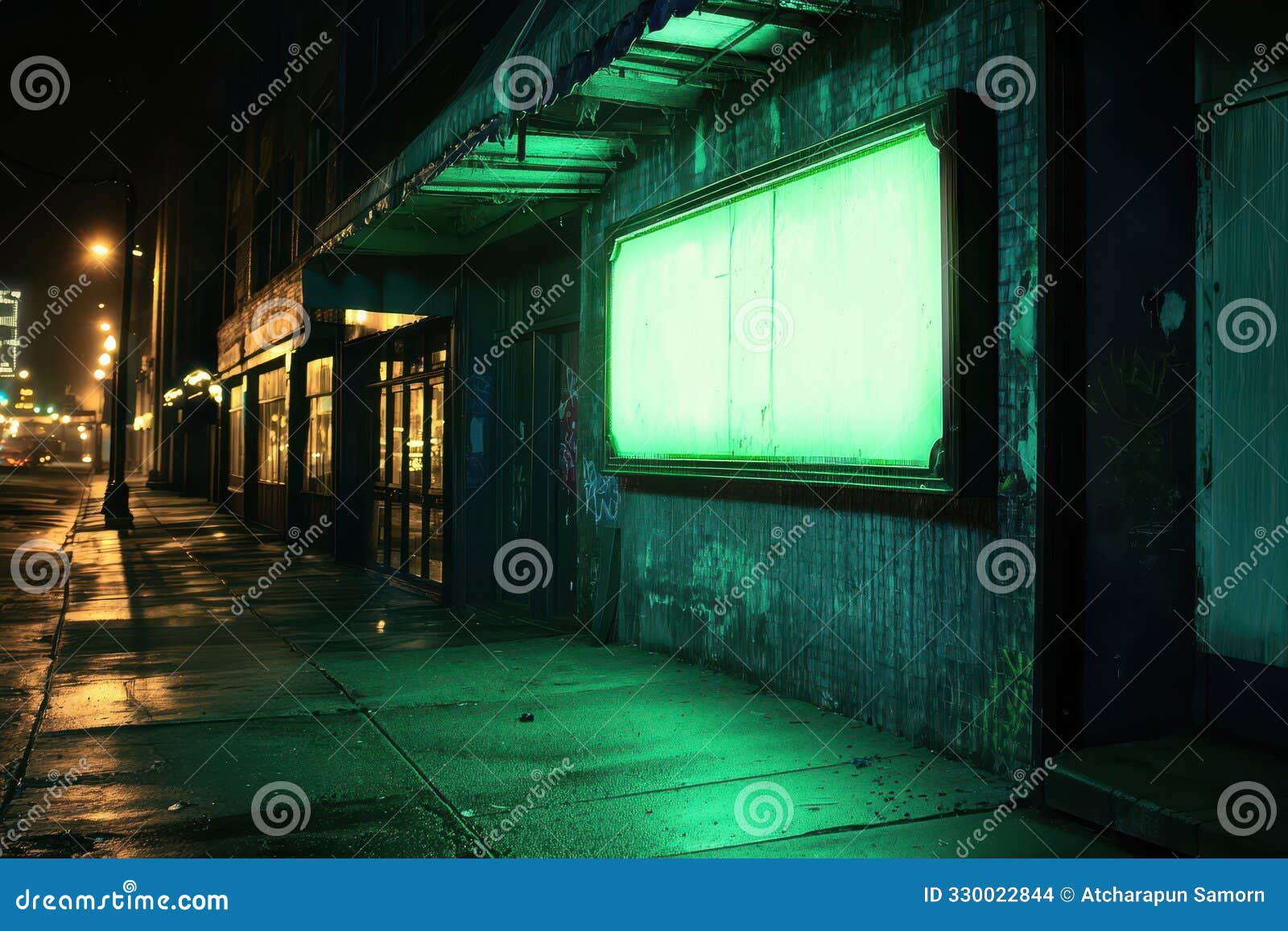 A Neon Green Sign is on a Building. the Sign is Lit Up and is the only ...