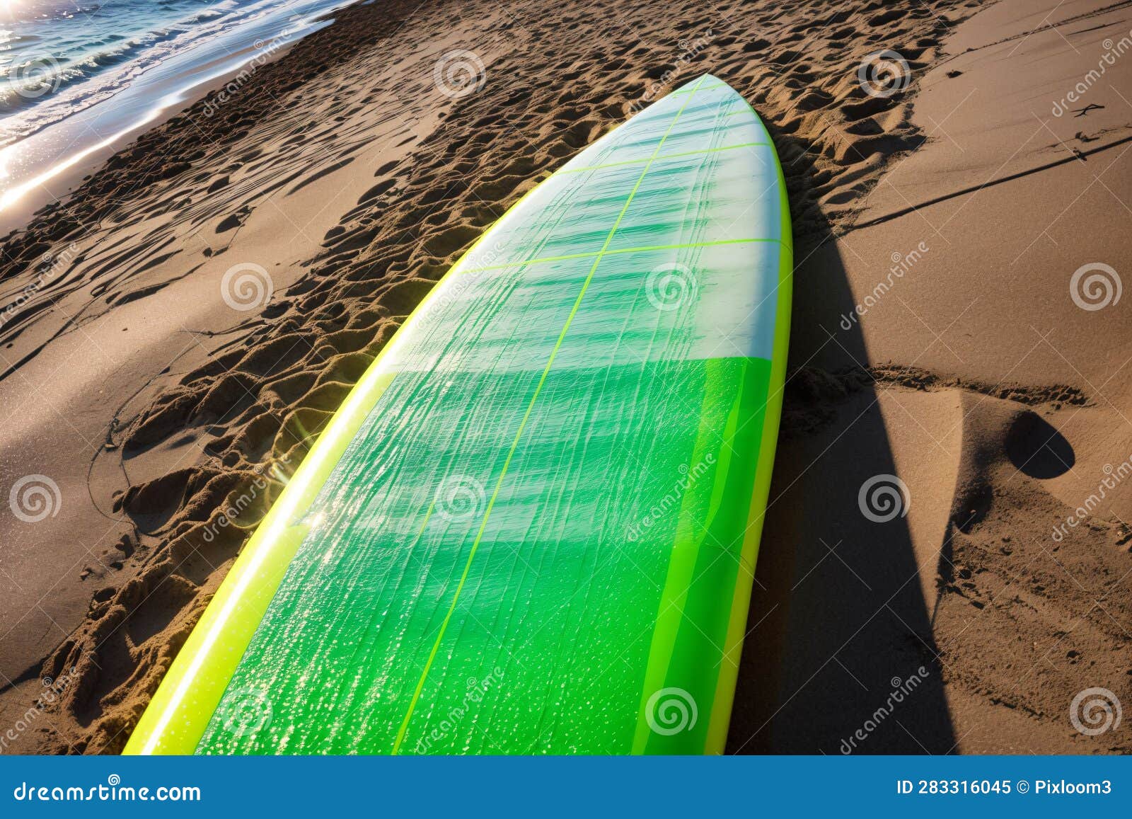 A Neon Green Surfboard Lying on the Beach Reflecting the Sun Stock ...