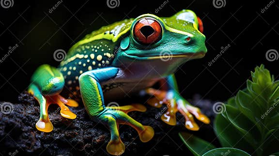 A Neon Green Tree Frog Perched on a Leaf, Glowing in the Darkness of ...