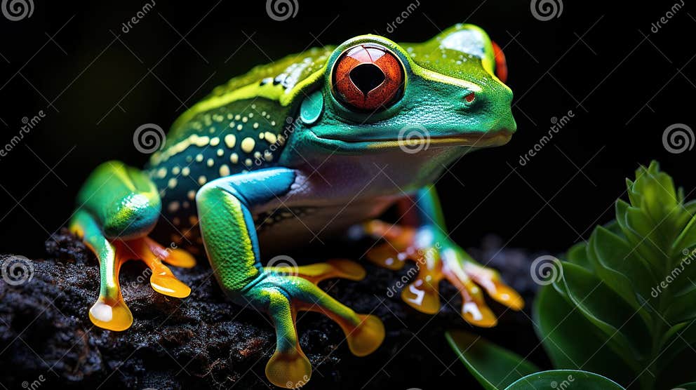 A Neon Green Tree Frog Perched on a Leaf, Glowing in the Darkness of ...