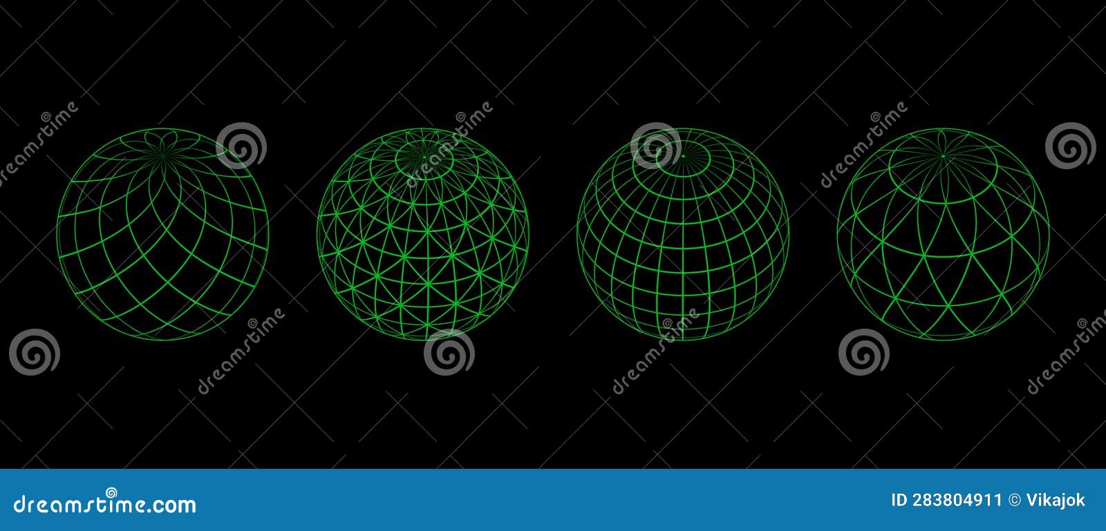 Neon Green Wireframe Spheres Collection. 3d Outline Globes with ...