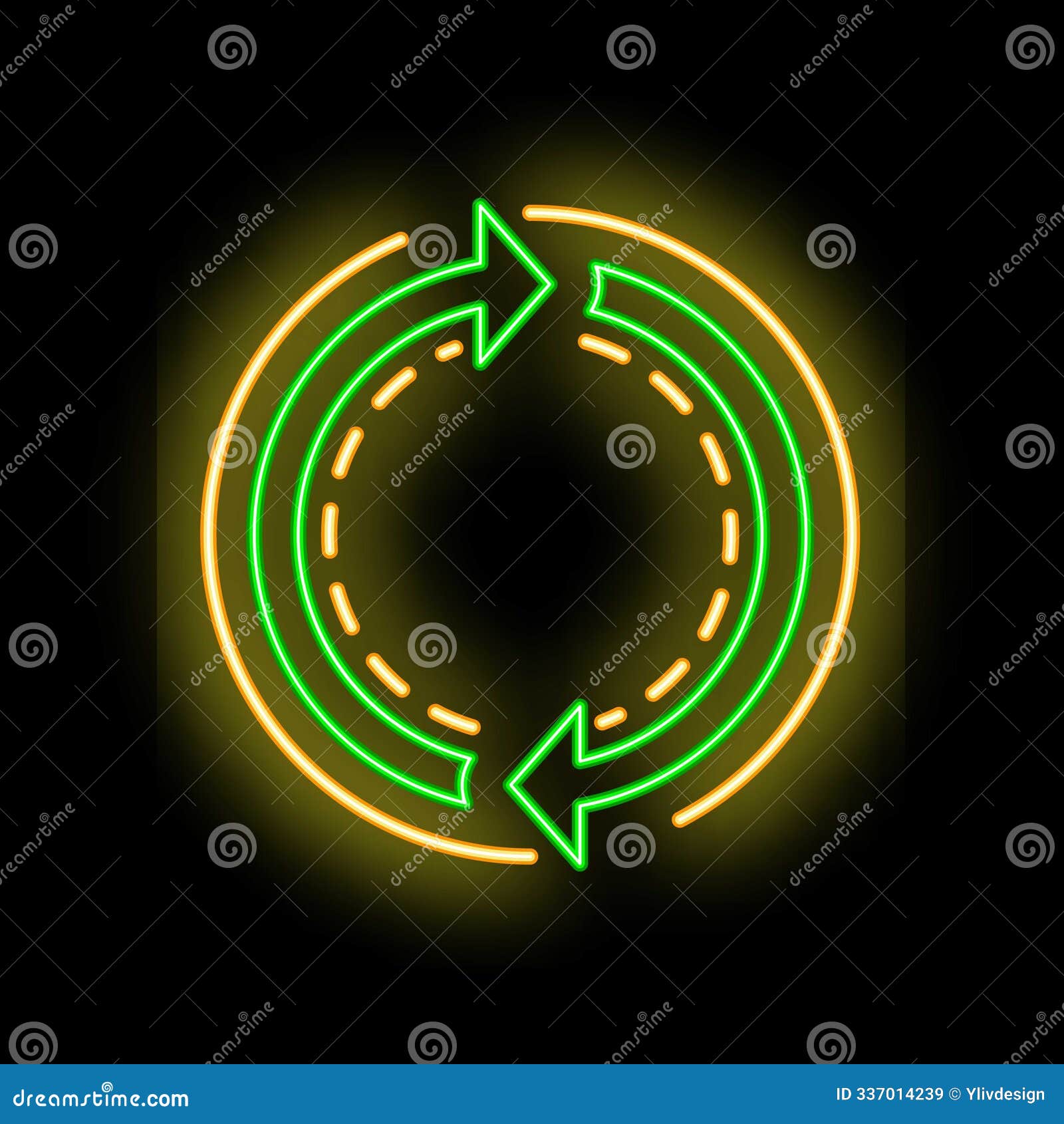 Neon Green and Yellow Circular Rotating Arrows Sign on Black Background ...