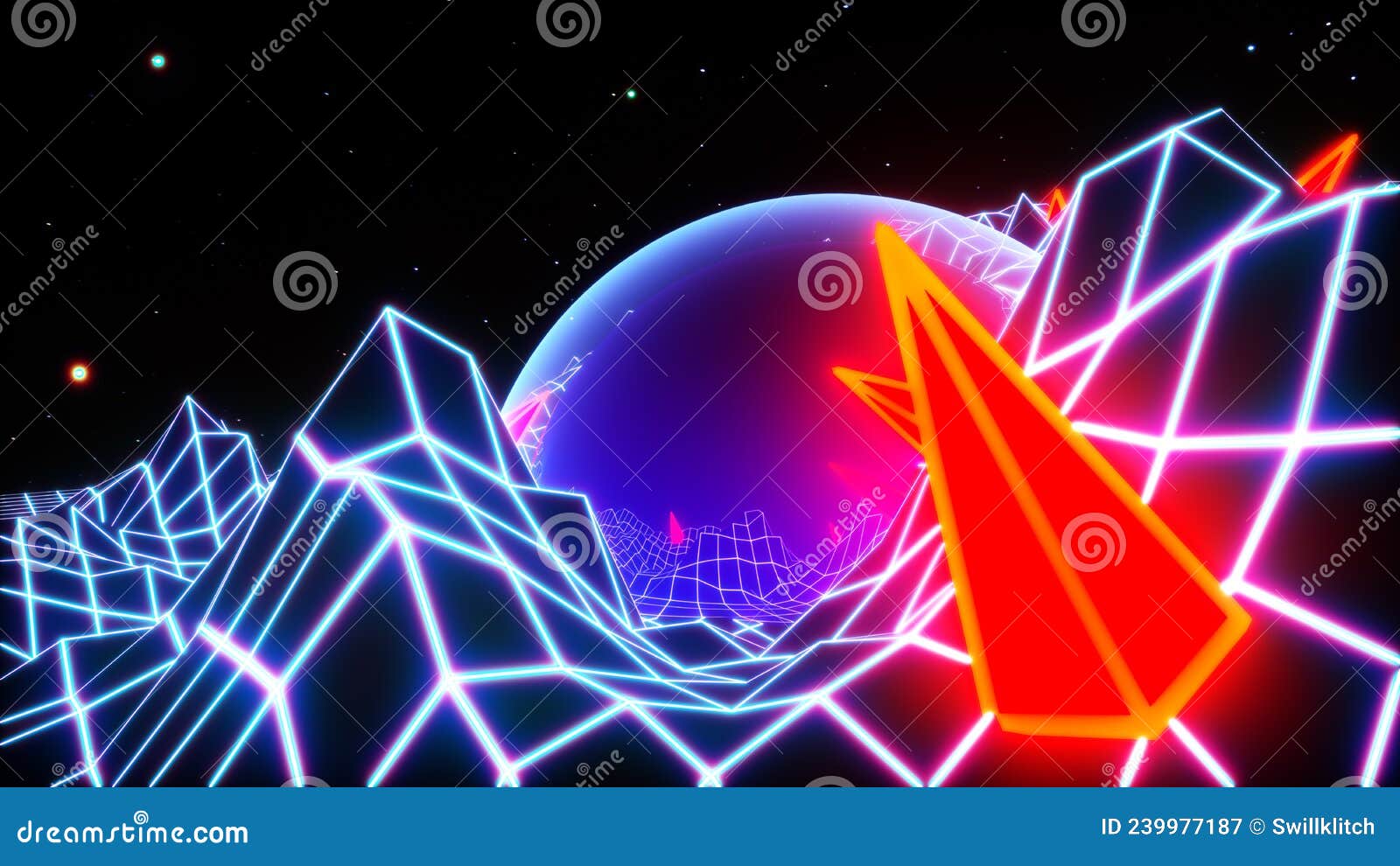 Neon Grid Mountains Landscape in 80s Synthwave or Retrowave Style with ...