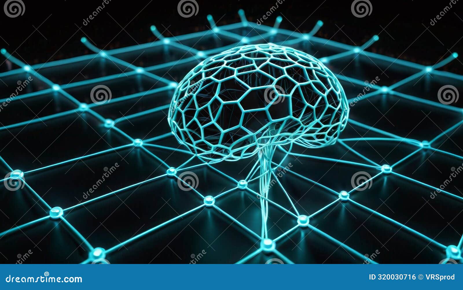Neon Grid Network with Wireframe Brain Model Stock Illustration ...