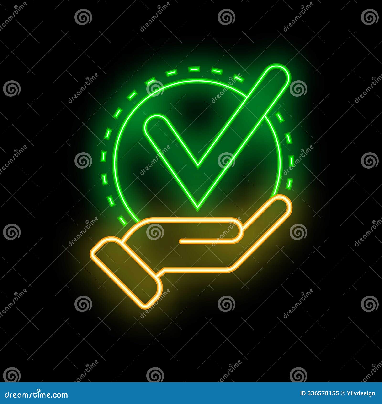 Neon Hand Holding Check Mark Symbol on Black Background Stock Vector ...