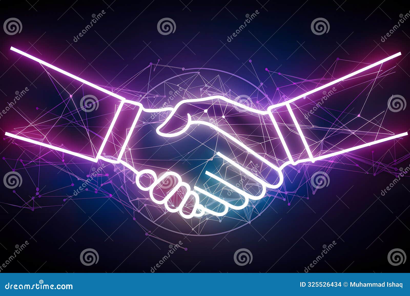 Neon Handshake with Interconnected Lines Digital and Human Blend Stock ...