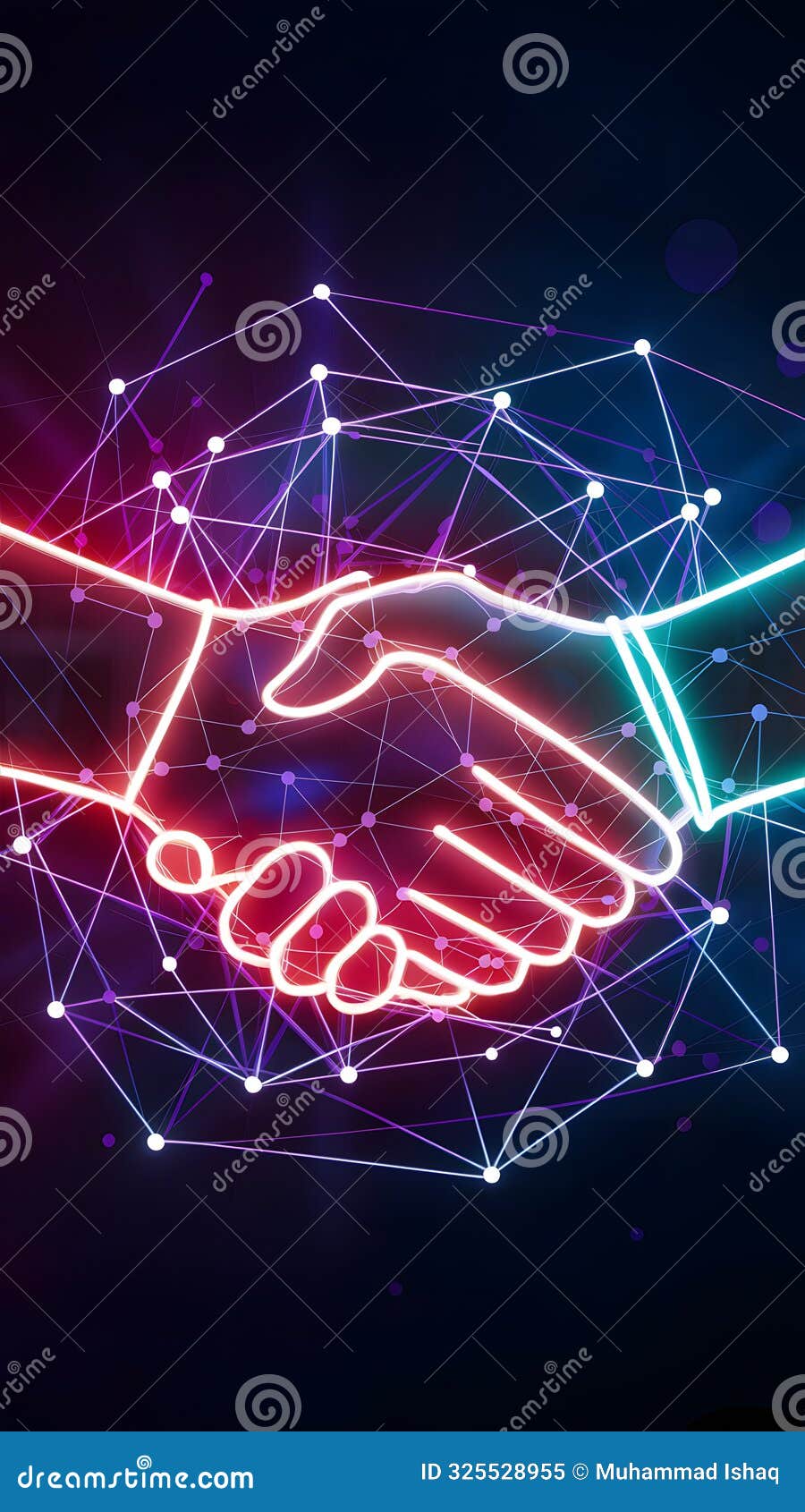 Neon Handshake with Interconnected Lines Digital and Human Blend Stock ...