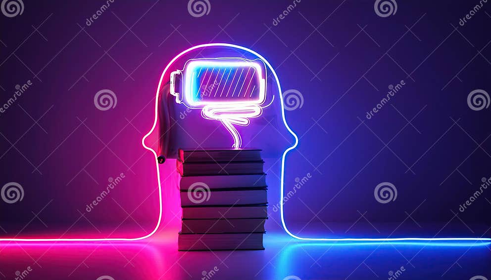 Neon Head with Battery and Books Stock Illustration - Illustration of ...