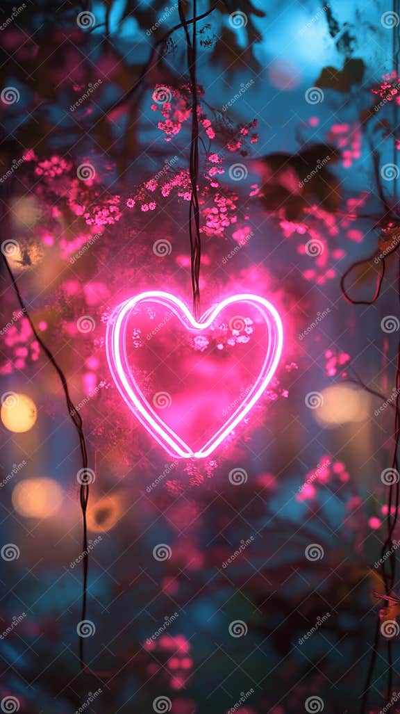 Neon Heart with Pink Glow in a Dreamy Setting Stock Image - Image of ...