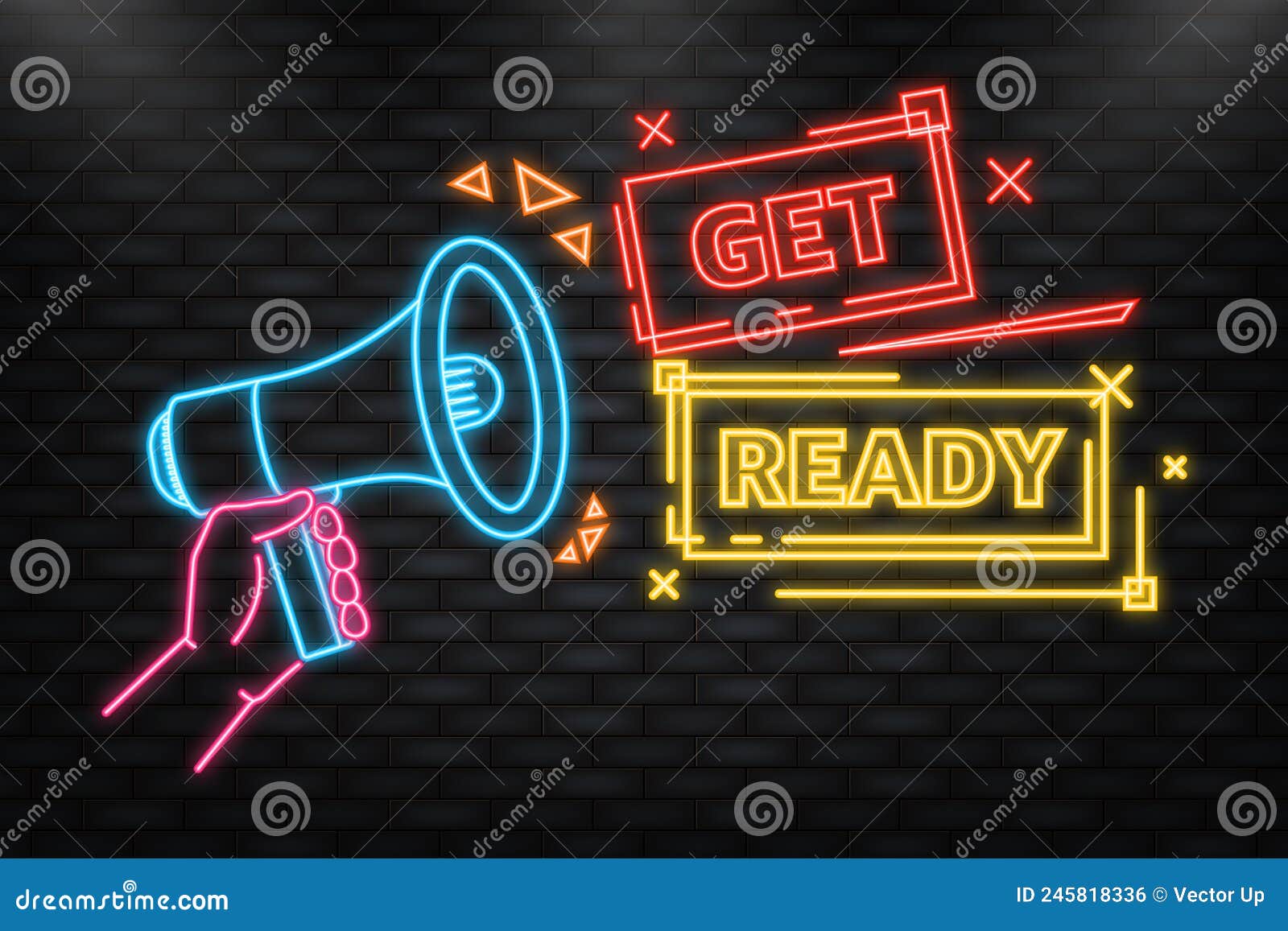 Neon Icon. Megaphone Blue Banner with Get Ready Sign Stock Vector ...