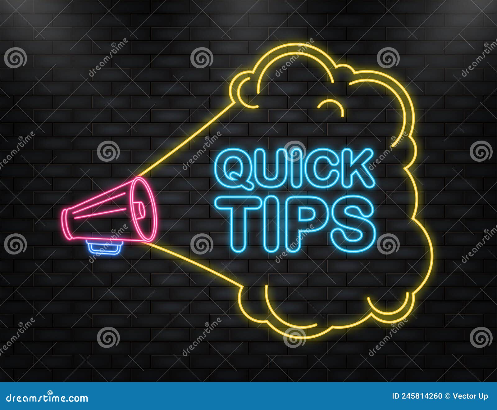 Neon Icon. Quick Tips Megaphone Yellow Banner In 3D Style On White ...