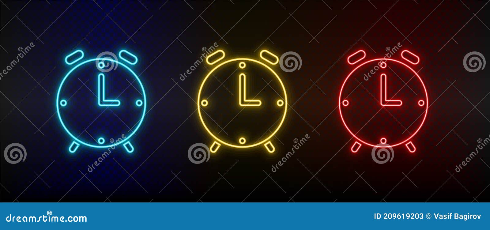 Neon Icon Set Alarm, Clock. Set of Red, Blue, Yellow Neon Vector Icon ...