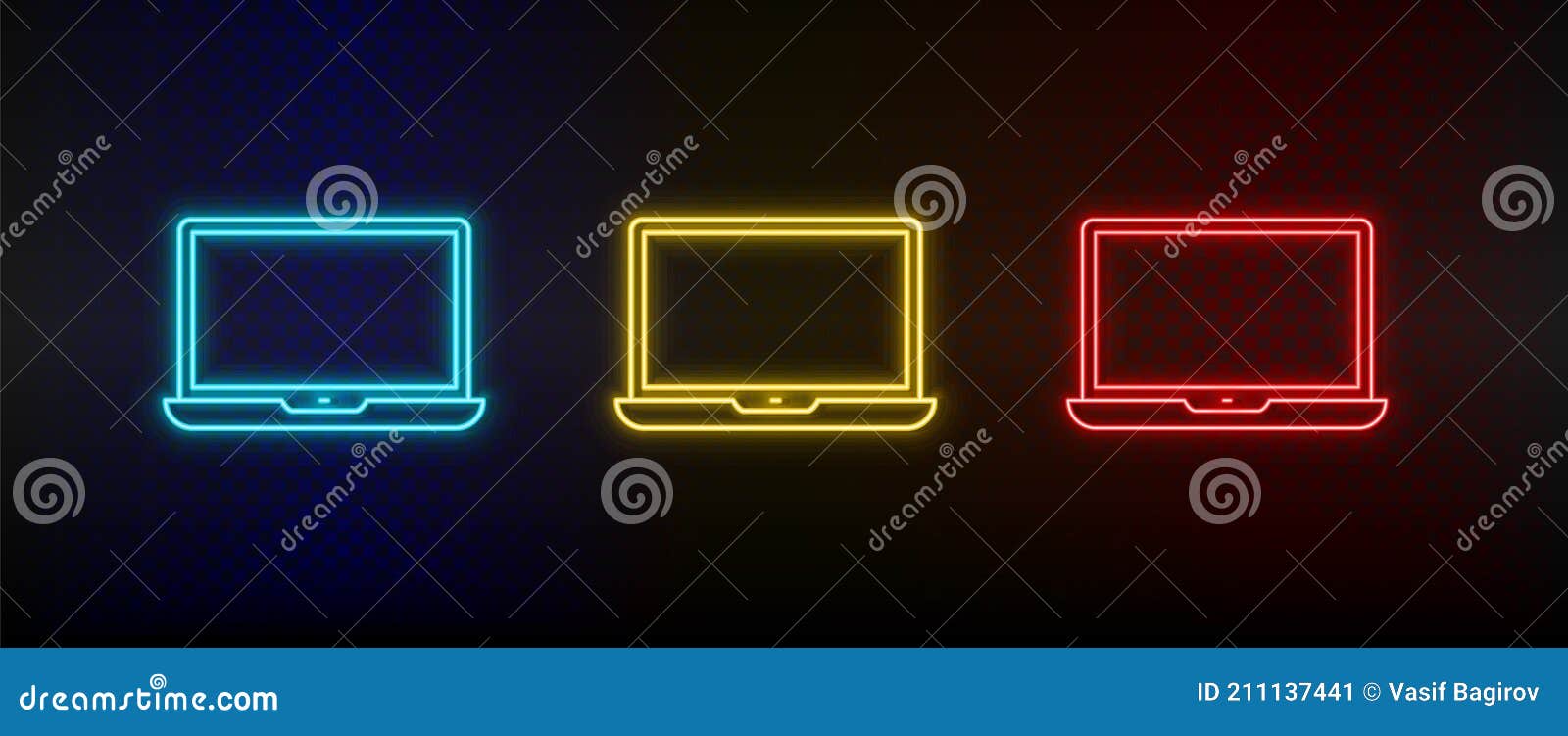 Neon Icon Set Computer Desktop. Set of Red, Blue, Yellow Neon Vector ...