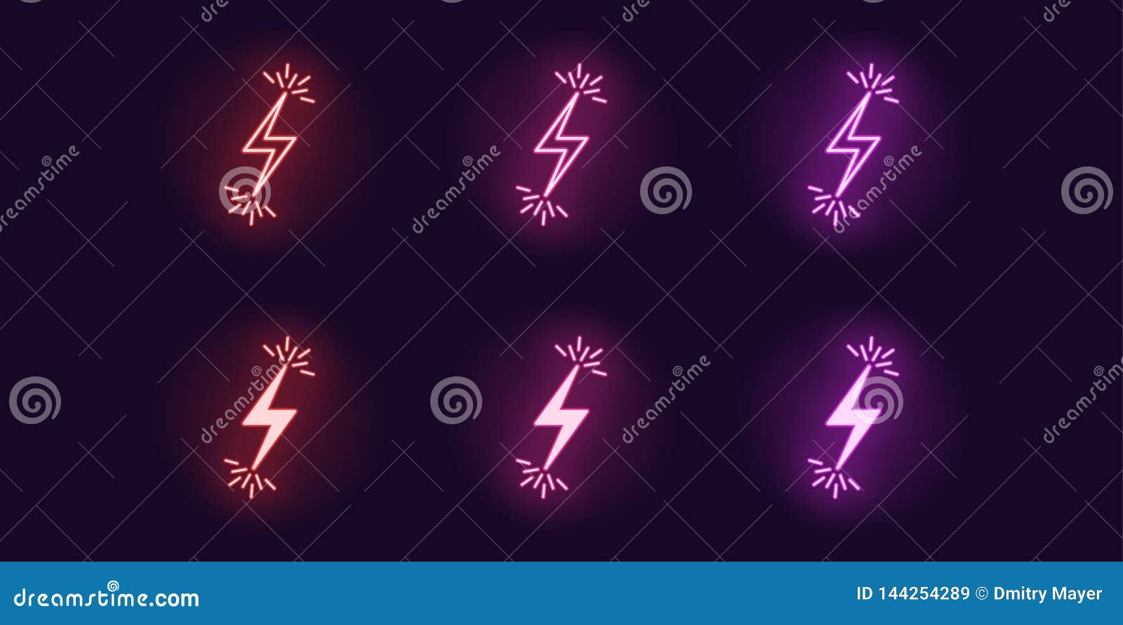 Neon Icon Set of Lightning Bolt Flash. Vector Stock Vector ...