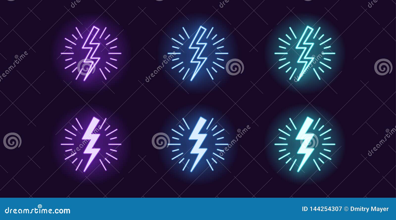 Neon Icon Set of Lightning Bolt Flash. Vector Stock Vector ...
