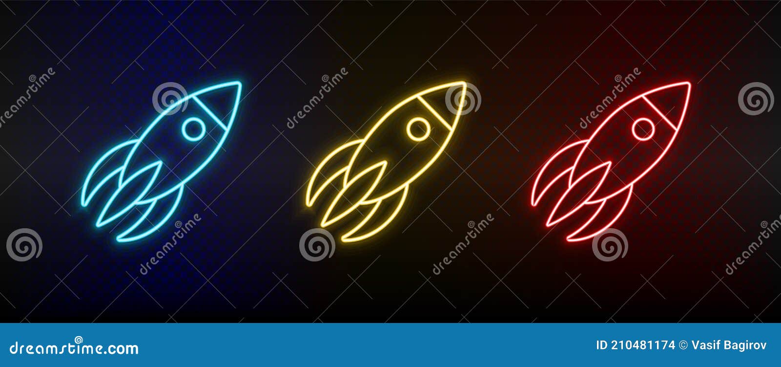 Neon Icon Set Rocket, Spaceship. Set of Red, Blue, Yellow Neon Vector ...