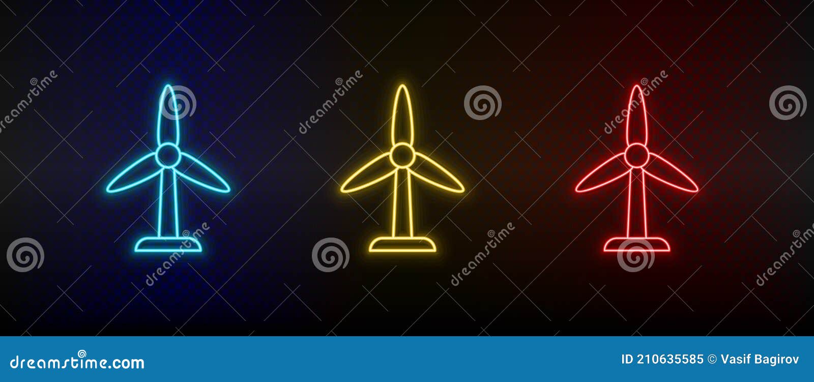 Neon Icon Set Wind, Energy, Eco. Set of Red, Blue, Yellow Neon Vector ...