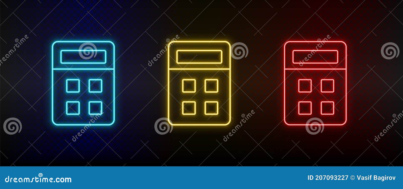 Neon Icons, Calculator. Set of Red, Blue, Yellow Neon Vector Icon Stock ...