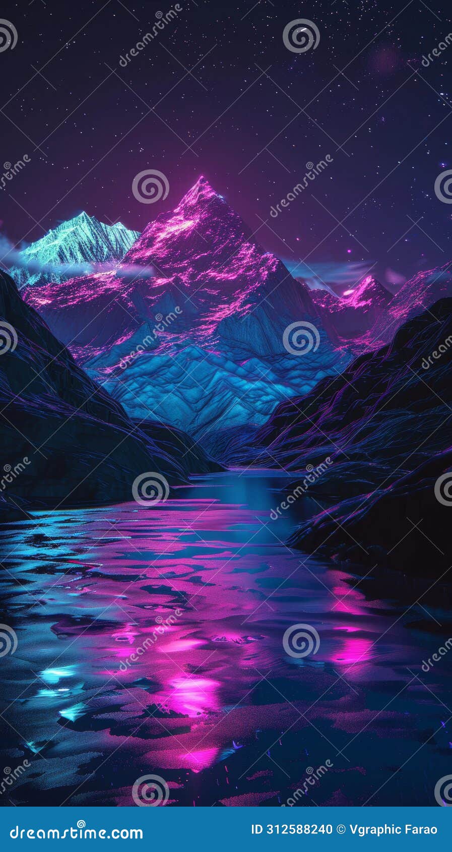 Neon Illuminated Mountains with Reflective Lake at Night Stock Photo ...